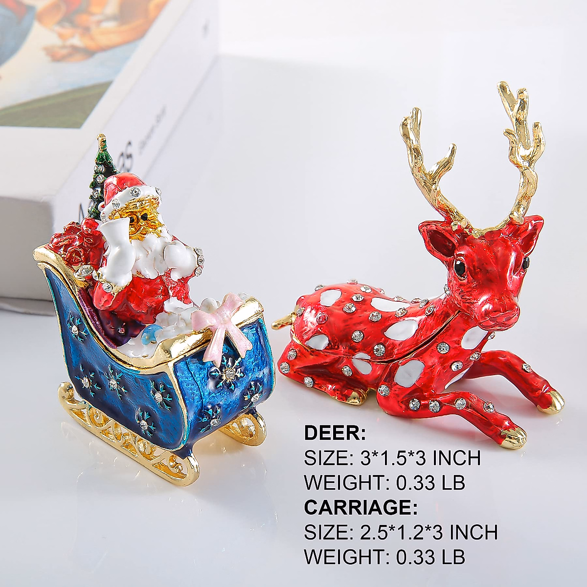 Ingbear Red Sika Deer & Santa Claus Figurine Hinged Trinket Boxes, Unique Gift for Thanksgiving Day & Christmas Day, Hand-Plated Enameled Jewelry Box, Animals Ornaments for Home Décor