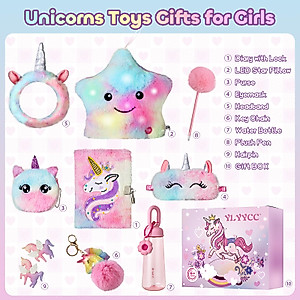 YLYYCC Unicorns Gifts Set for Girls Kids Age 6 7 8 9 10 Years Old, Unicorn Toys with Plush Star Light Up Pillow- Diary- Headband- Sleep Mask- KeyChain-Water Bottle, Teens Birthday Christmas Gift Ideas