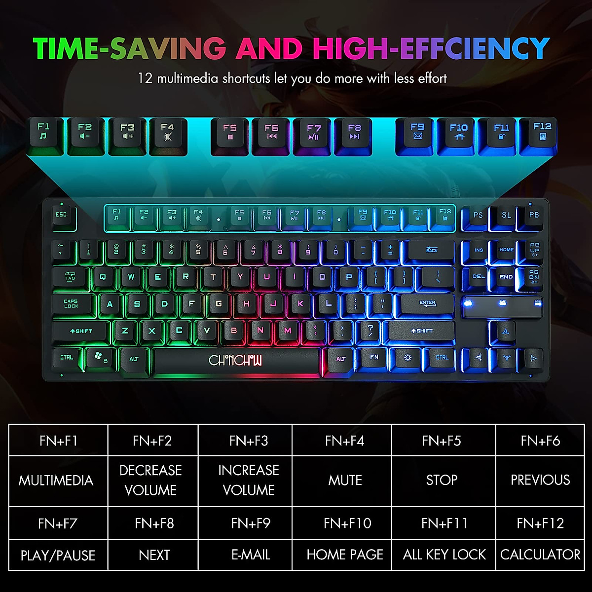CHONCHOW White Rainbow LED , USB Wired Small Compact White Gaming Keyboard with Rainbow Backlight, 87-Key Mechanical Feeling for PC Laptop Xbox PS4 PS5
