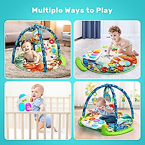 HOLYFUN Baby Gym Play Mat for 0 6 12 Month, Play Piano Keyboard, Tummy Time Playmats, Musical Activity Center with Sensory Teether Baby Toys, Early Learning Gift for Newborn Infants