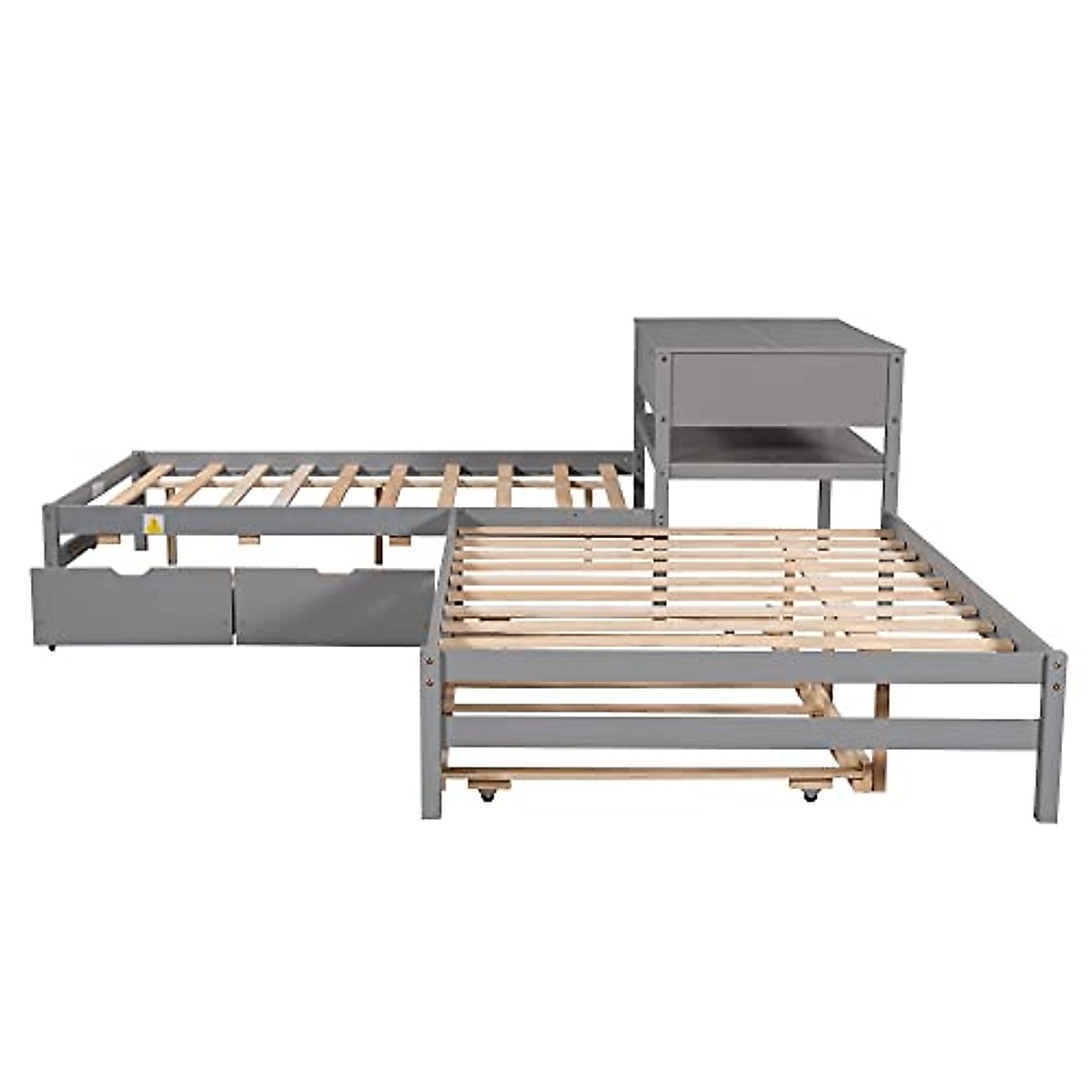 MOEO L-Shaped Full Size Platform Bed with Trundle and Drawers Linked w/ Built-in Desk for Kids, Bedroom, Teens, Adults, No Box Spring Needed, 3 Wood Bedframe in 1, Gray