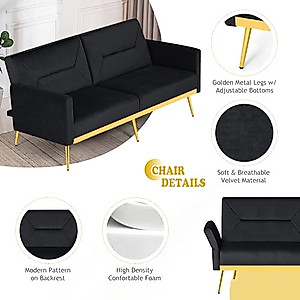 Lesofair Velvet Sofa Bed with Adjustable Backrest, Tufted Futon with Adjustable Armrests, Convertible Sleeper Couch w/Golden Legs for Living Room, Bedroom, Waiting Room, Black