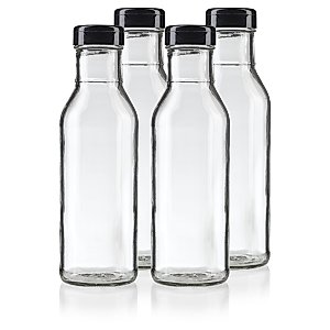 JUVITUS 12 oz Professional Clear Glass Thick Wall Sauce Bottle with Drip Resistant Flip Top Cap (4 Pack) for BBQ Sauce, Salad Dressings, more
