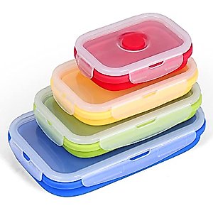 XSUPER Set of 4 Collapsible Silicone Food Storage Container, Foldable Meal Prep Lunch Box Containers for Food with BPA Free Airtight Lids, Bento Lunch Boxes, Microwave, Dishwasher & Freezer Safe