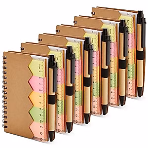 Juvale 6 Pack Bulk Kraft Paper Spiral Notepad with Pen and Sticky Notes, Lined, Colored Index Tab (69 Sheets, 4 x 5.5 In)