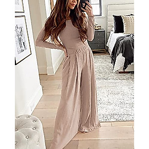 BTFBM Women's Two Piece Lounge Set Long Sleeve Bodycon Ribbed Knit Crop Top Loose Wide Leg Pant Casual Outfits Sweatsuit(Solid Apricot, Small)