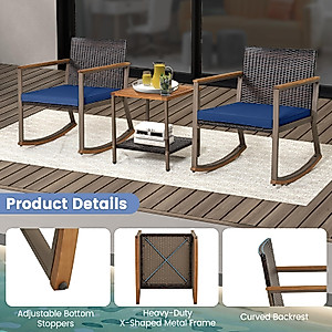 HAPPYGRILL 3 Pieces Rocking Bistro Set, Outdoor PE Wicker Rocking Chair with Coffee Table, Soft Seat Cushions Included, Gentle & Smooth Rocking Furniture Set for Yard Porch