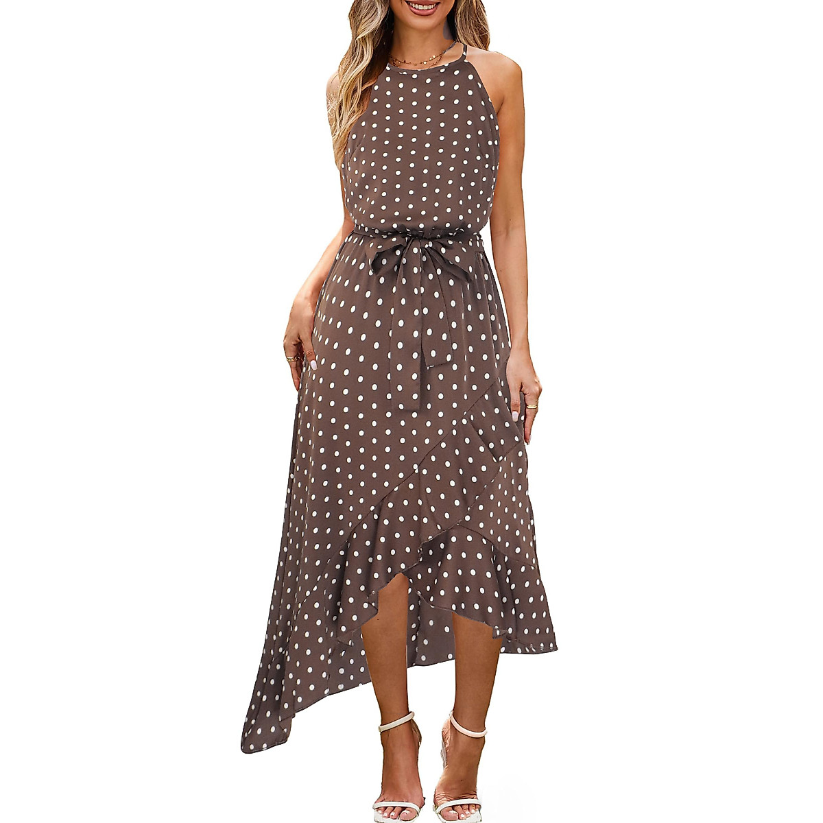 ECOWISH Polka Dot Womens Summer Dress Flowy Cute High Low Sleeveless Boho Criss Cross Halterneck Cocktail Midi Sundress 2025 Coffee Small