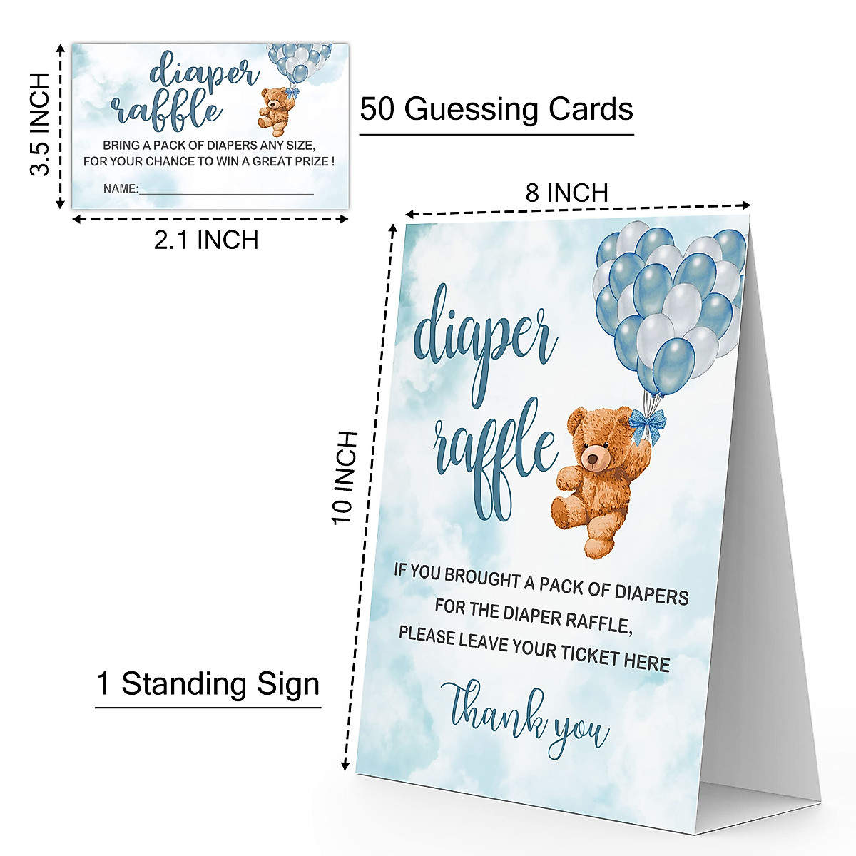 Diaper Raffle for Shower, Blue Balloon Bear Cards, 1 Sign & 50 Guess Cards Kit, Party Favors, Decorations, for Shower Reveal Gender Game to Bring a Pack of Diapers - DIAPER-b007
