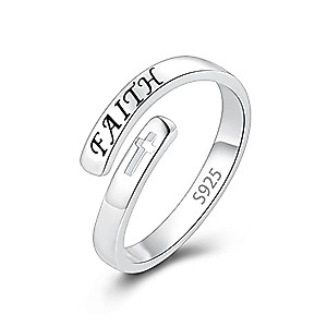 Fookduoduo 925 Sterling Silver Ring Inspirational Jewelry adjustable Wrap Open Rings for Women (faith ring)