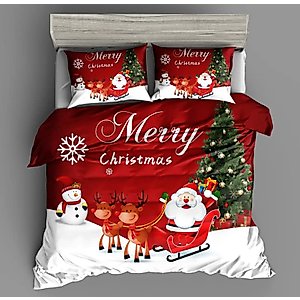 Merry Christmas Duvet Cover Queen Size, 3pc Farmhouse Santa Claus Snowman Snowflake Tree Pattern Microfiber Bedding Comforter Cover Set, 90x90 Red and White New Year Holidays Bed Sets for Women Men