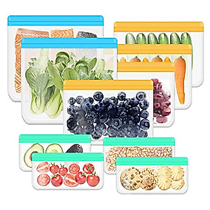 10PCS Food Storage Bags Silicone, Leakproof Reusable Storage Bags, Reusable Snack Bags Silicone for Home Food Storage, Kids School Lunch,Picnic and Travel