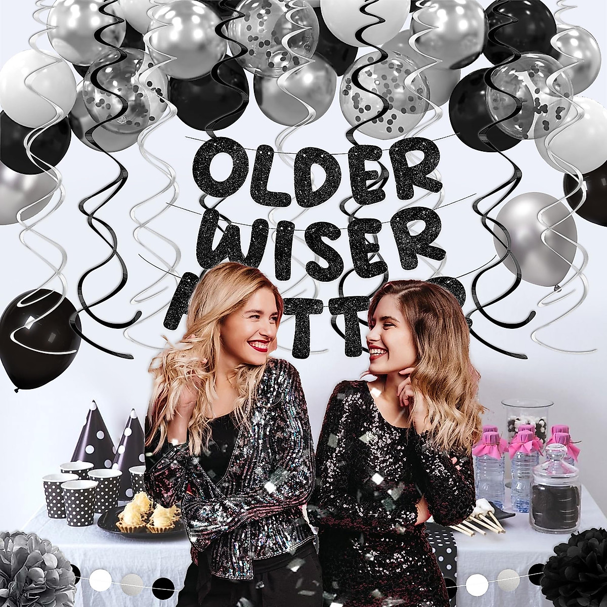 Black and White Birthday Decoration Black and Sliver Party Decorations Birthday Party Decorations for Men Women Banner Balloons Swirls Tissue Pompoms 16th 21st 30th 40th 50th 60th Birthday Supplies