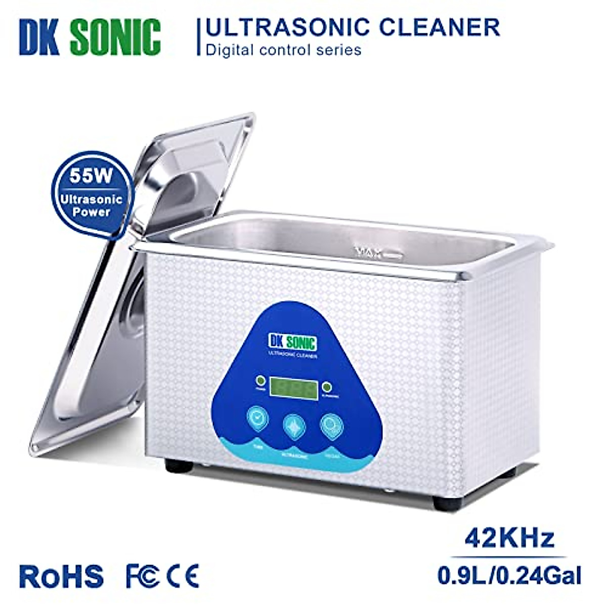 DK SONIC 42KHz Ultrasonic Cleaner with Digital Timer and Basket for Jewelry, Ring, Eyeglasses, Denture, Watchband, Coins, Small Metal Parts, Daily Necessaries, etc (900ML, 110V)