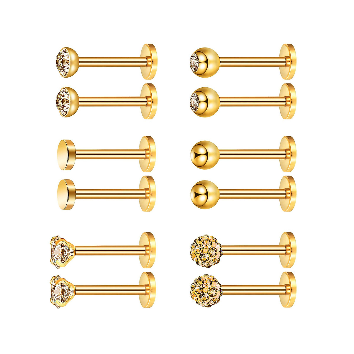 Sumind Nose Studs 16G tragus piercing jewelry Tragus Earrings Lip Rings Diamond Crystal Stainless Steel Labret Bars Body Piercing Jewelry, 6 Designs(Gold)