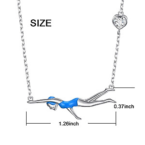 Swimming Necklace 925 Sterling Silver Heart CZ Cute Swimmer Pendant Charm Necklace for Women Natator on a Swim Team, 16 inch