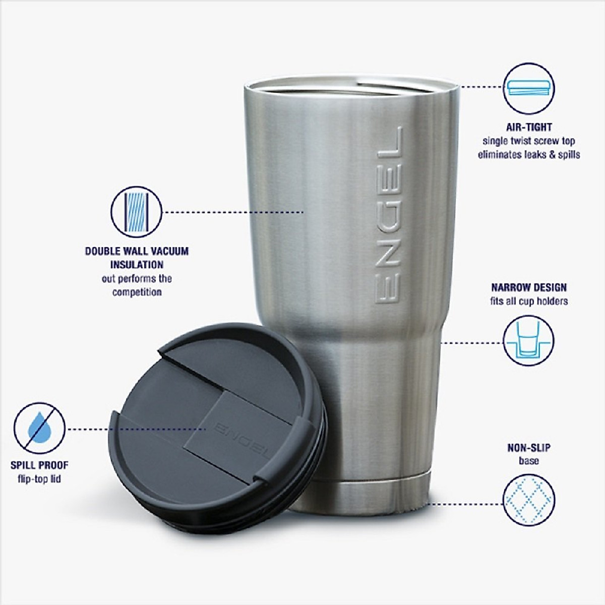 ENGEL Coolers 30-Ounce Stainless Steel Double Wall Vacuum-Insulated Hot/Cold Drinks Travel Tumbler with No-Spill Lid and Non-Slip Base, Silver