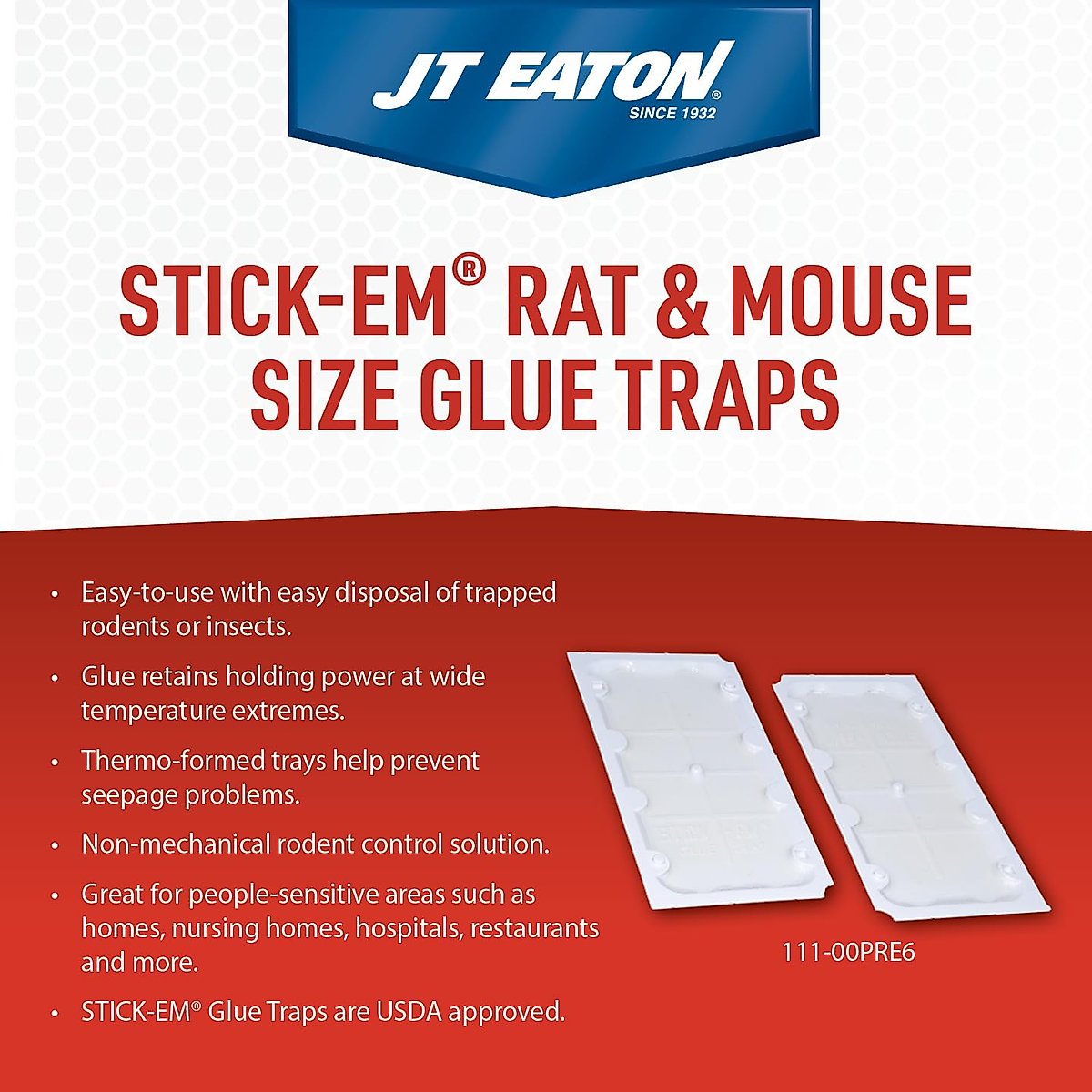 JT Eaton 111-00PRE6 Stick-Em Rat/Mouse Size Double Glue Trap Tray, 10" Length x 5" Width x 3/4" Height, (Case of 6)