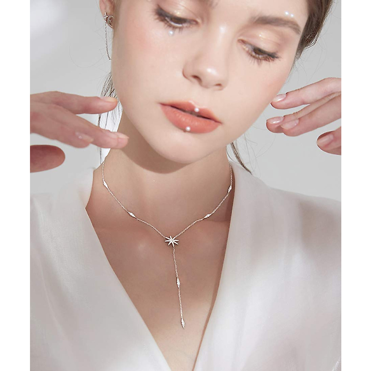 SLUYNZ 925 Sterling Silver Star Y Necklace for Women Teens CZ Star Necklace Snowflake Choker Necklace Pendant (A-Silver)