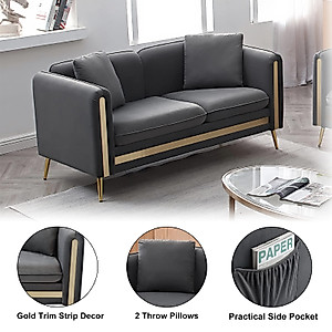 Homtique Modern Velvet Loveseat Sofa, 59 Inch Upholstered Love Seats Furniture Sofa with Side Pocket and 2 Pillows, Gold Metal Legs Decor Small Couches for Living Room/Apartment/Office (Grey)
