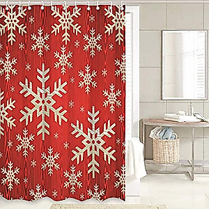 GRIEKOWE 4Pcs Snowflake Christmas Shower Curtain Set Red Background Shower Curtain Decor with Non-Slip Rugs Bath U-Shaped Mat Toilet Lid Cover , Waterproof Cute Bathroom Set with 12 Hooks, 72''×72''