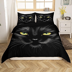 Erosebridal Animal Duvet Cover King Size Pet Cat Comforter Set Black Cat with Yellow Eyes Printed Bedding Set for Girls Boys, Bed Decor 3 Pcs with 2 Pillowcases, Zipper Closure