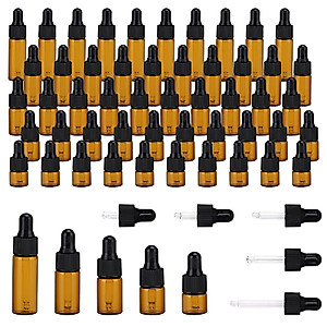 50Pcs Amber Glass Dropping Bottles 1ml 2ml 3ml 4ml 5ml Mini Essential Oil Dropper Bottles Empty Travel Sample Vials with Black Cap for Essential Oils, Aromatherapy, Cosmetic, Laboratory, Traveling