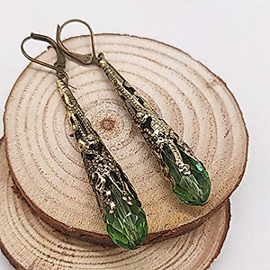 Indian Ethnic Vintage Silver Crystal Teardrop Dangle Drop Earrings Boho Gypsy Retro Rhinestone Hook Earrings for Women Love Gift (Green)