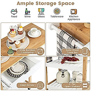 Giantex Kitchen Island Cart with Storage, Rolling Bamboo Kitchen Cart on Wheels, w/Pull-Out Drawer, Towel Handle, 2 Open Shelves, Mobile Coffee Bar Cart for Dining Room Living Room (Wood & White)