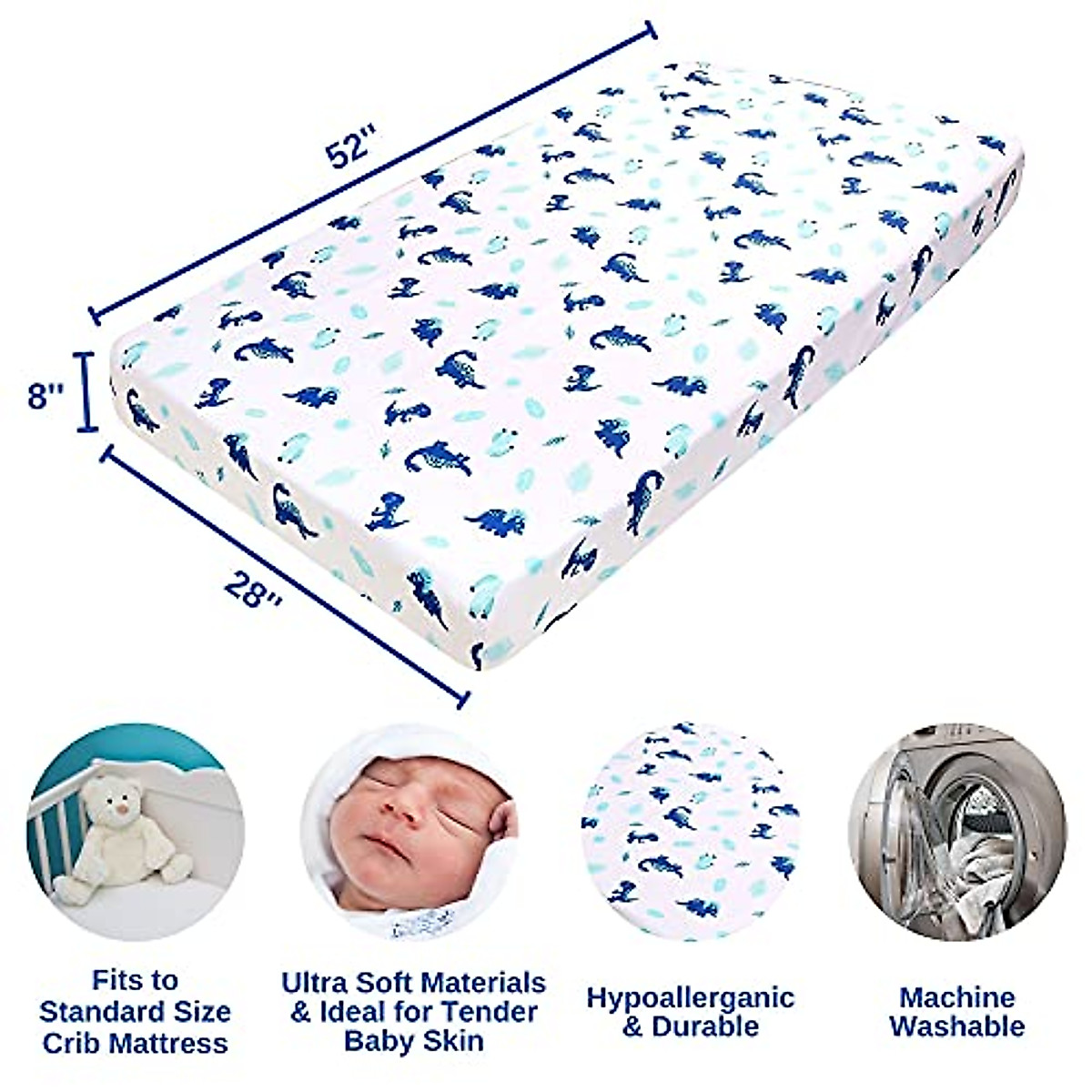 Baby Bees 4 Pieces Cartoon Dinosaurs Crib Bedding Sets for Boys and Girls | Baby Bedding Crib Set of Crib Fitted Sheet, Quilt, Dust Ruffle & Pillow Cover for Standard Size Crib,Blue