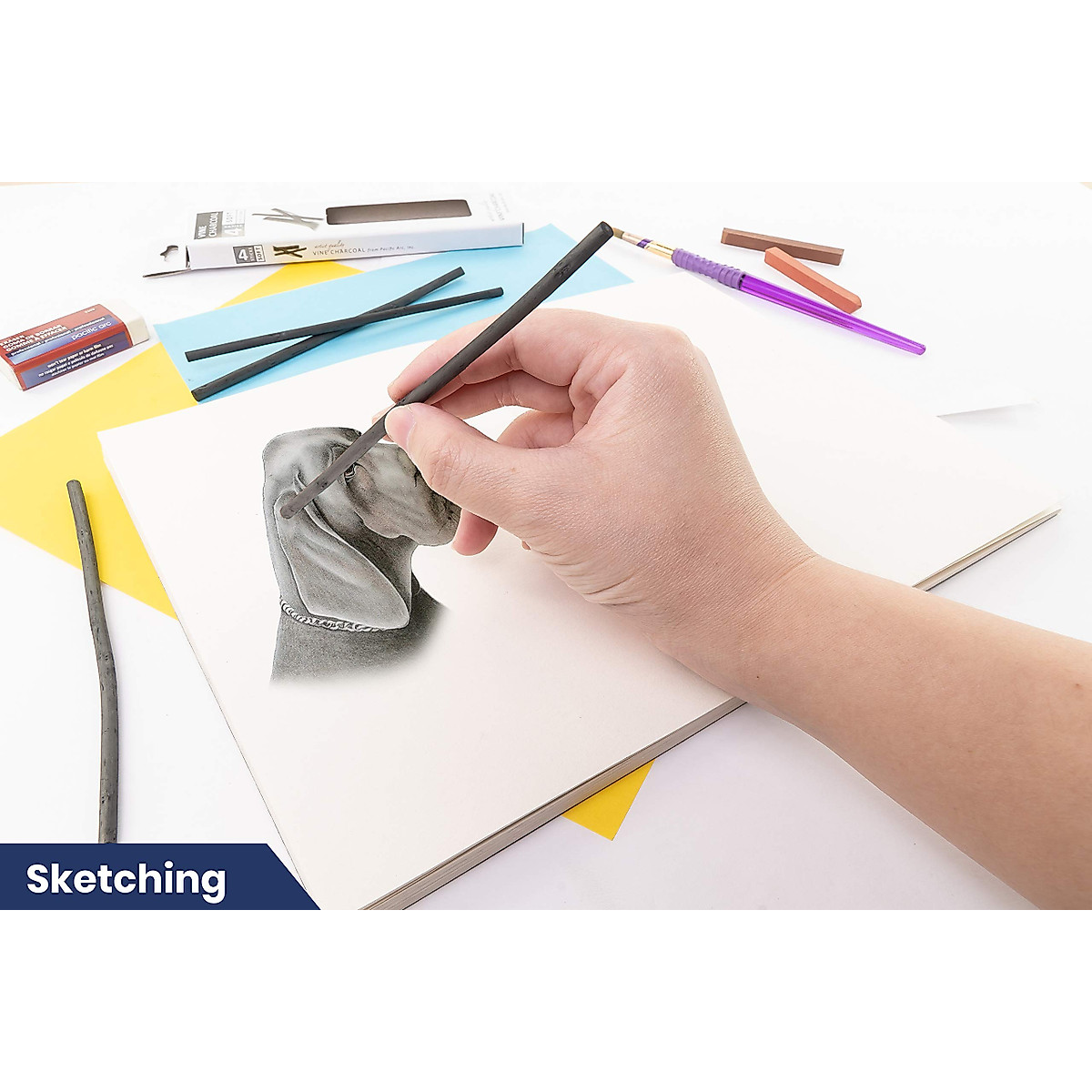 Pacific Arc Artist Vine Charcoal, Soft, Black 4 Charcoal Sticks for Drawing, Sketching, and Fine Art