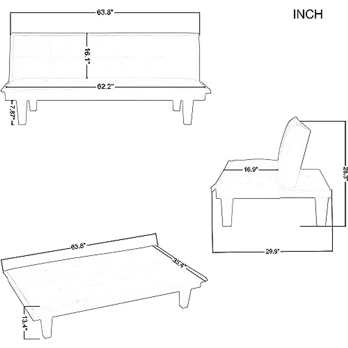 LCH Convertible Folding Sofa Bed, Futon Sofabed with 3 Adjustable Positions for Living Room, Home, 63.8” x29.9”x 28.3”, Black
