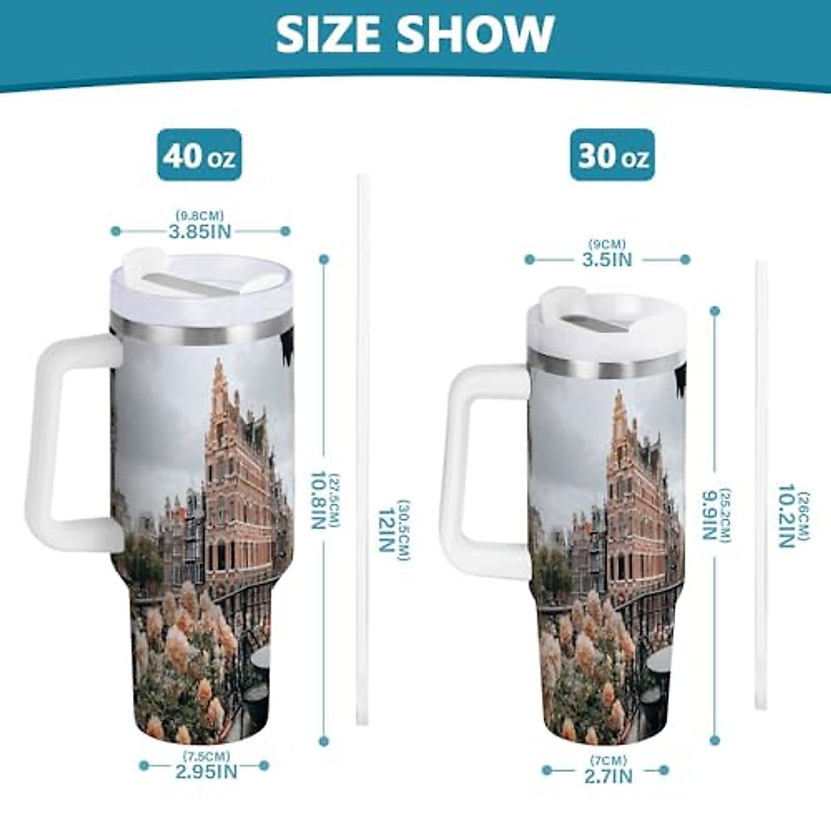 ODAWA Amsterdam Roses Street Insulated Coffee Tumbler with Lid and Straw Thermal Cups for Hot and Cold Drinks 40 Oz Stainless Steel Coffee Mug