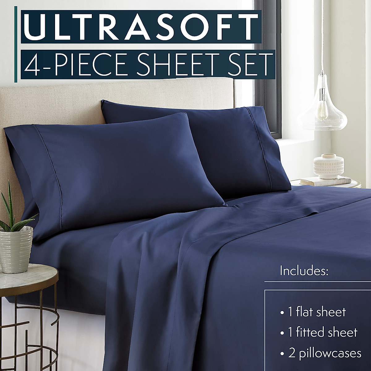 HC COLLECTION Bed Sheets Set California King with 2 Pillowcases Hotel Luxury Brushed Microfiber Sheet w/Deep Pocket, Fade Resistant Ultra Soft Breathable Lightweight 4 Pcs Bedding Solid Color, Navy