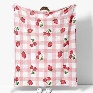 Strawberry Cherries Blanket Gifts for Women Girls Mom Birthday Christmas Valentines Presents Pink Fruit Theme Decor Bedroom Living Room Sofa Couch Soft Cozy Plush Kids Adults Teen Fleece Throw 60"x50"