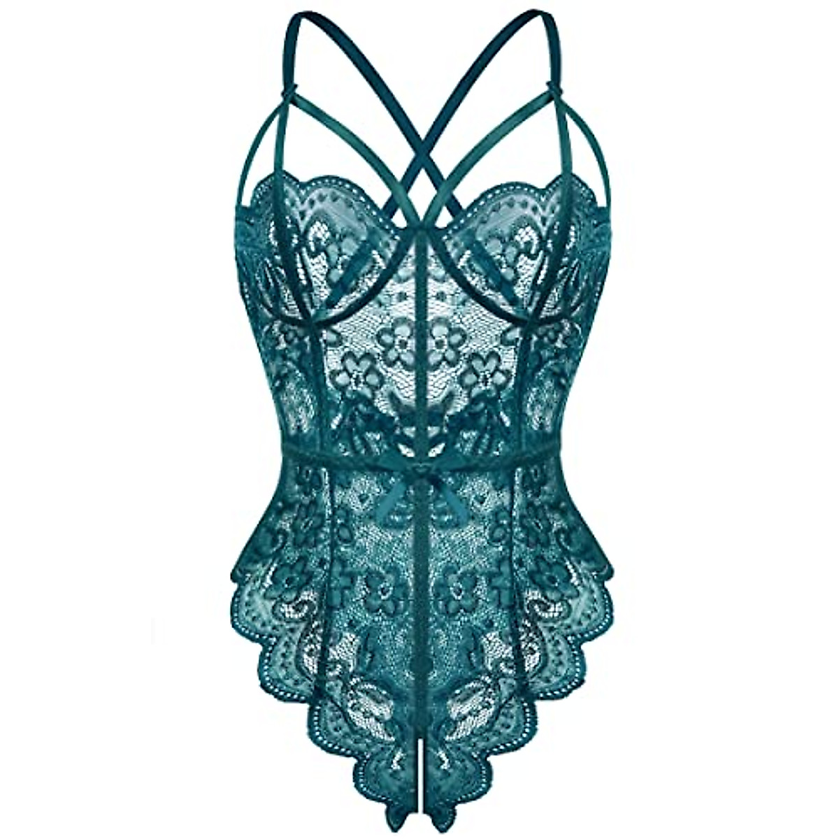 Fayenne Lingerie for Women Teddy Lingerie Floral Lace One Piece Babydoll Lingerie Deep V Bodysuit Strappy Lingerie Dark Green