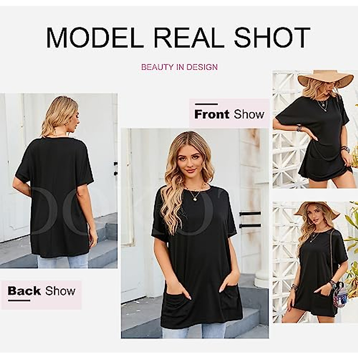 Dokotoo Women's Casual Crewneck T-Shirt - Loose Fit, Short Sleeve, Long Tunic Top with Pockets, Black (XL)