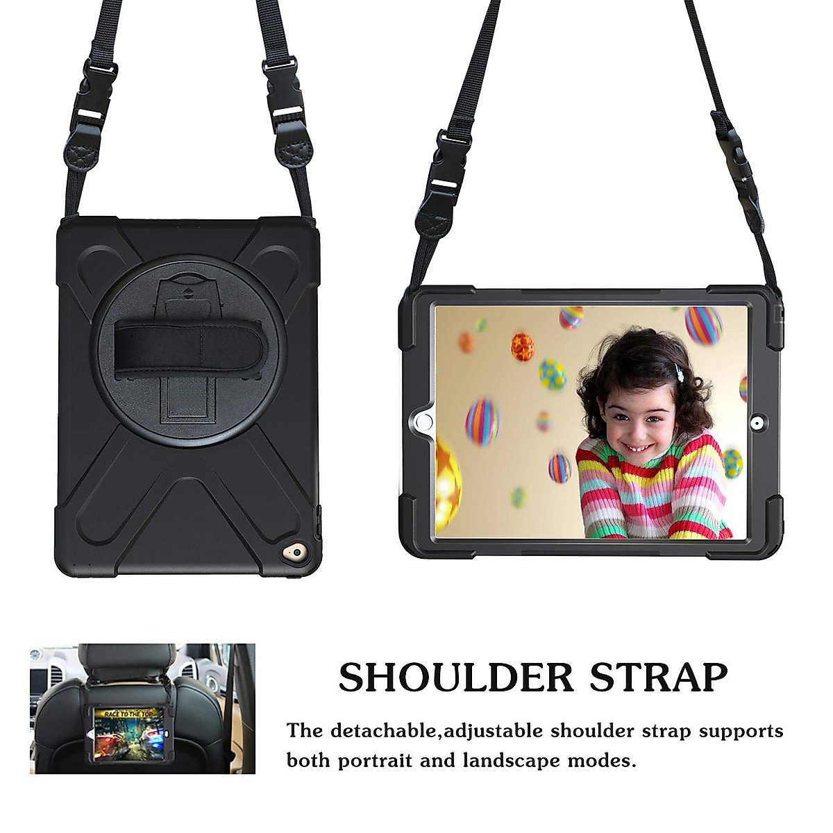 TSQ iPad Air 2 Case for Kids A1566 A1567 2014 with Rotating Stand Hand Strap | Military Grade Heavy Duty Rugged Shockproof Protective Cover Case for iPad Air 2nd Generation 9.7 Inch, Black