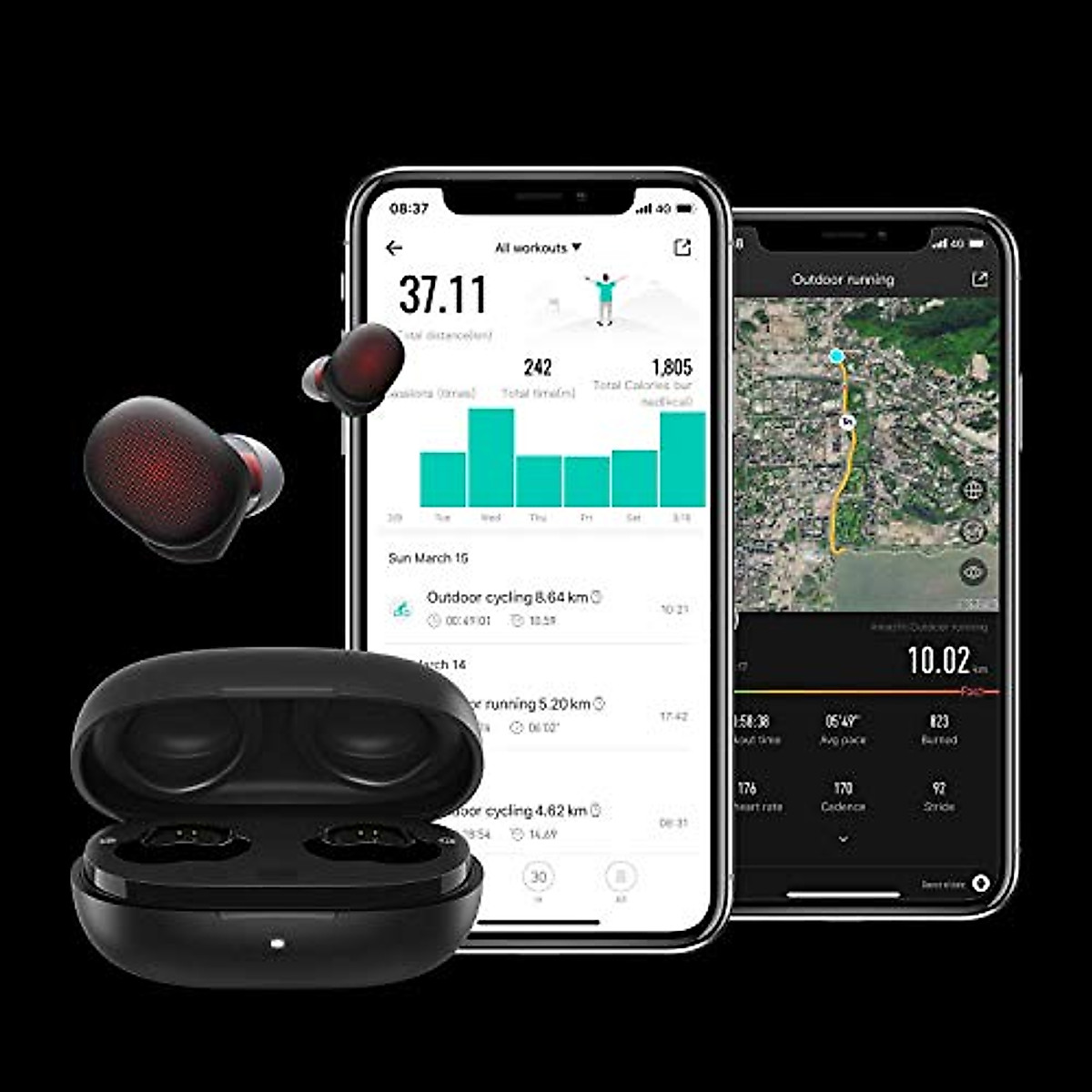 Amazfit PowerBuds True Wireless Bluetooth Earbuds in-Ear Headphones for iPhone Android, Waterproof Earphones with Microphone, Heart Rate Monitoring, Noise Canceling, Sports Sound System, Black