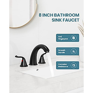 Black Bathroom Faucets, Faucet for Bathroom Sink - 2 Handle Basin Faucet, 3 Hole 8 Inch Widerspread Bathroom Faucet with Pop Up Drain Assembly, Water Supply Lines Faucets for RV Bath Vanity