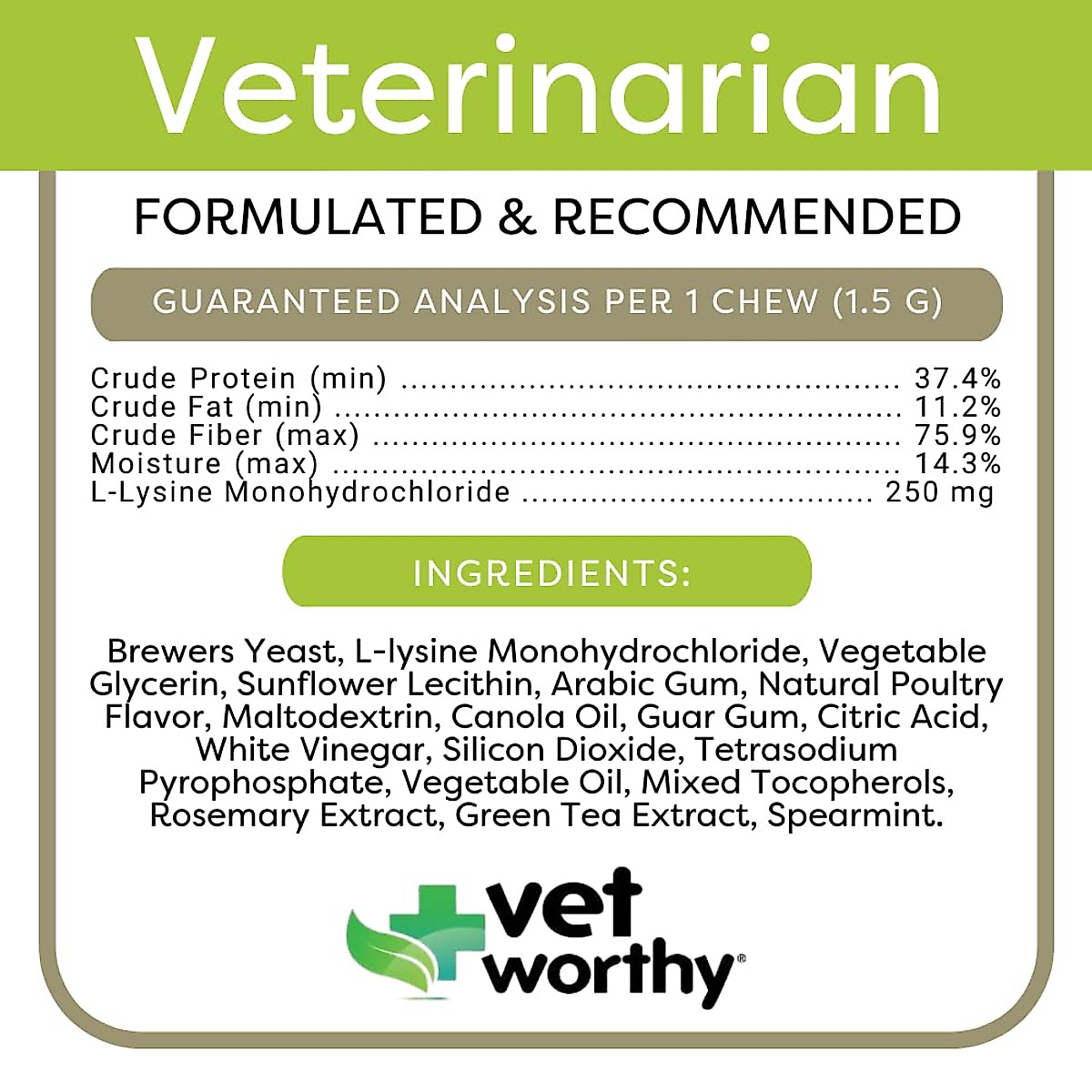 Vet Worthy L-Lysine Soft Chews for Cats - Cat Supplement to Support the Immune System and Overall Health - Cat Vitamins with 250 mg L-Lysine per soft chew - Chicken Liver Flavor Soft Chews, 3.17oz