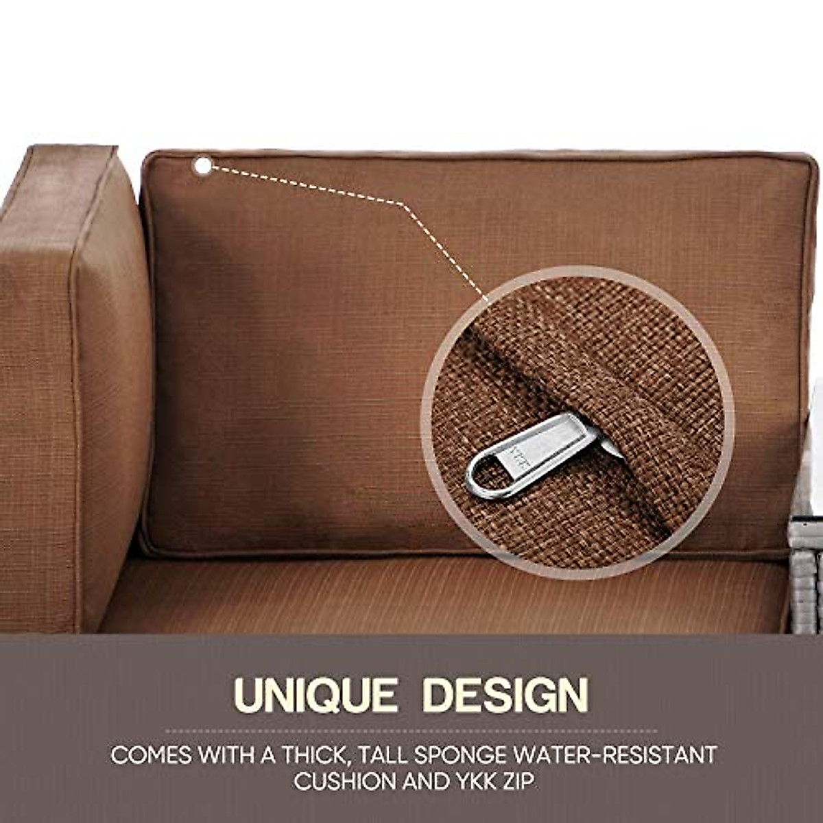 SOLAURA 5-Piece Outdoor Patio Furniture Set, PE Rattan Wicker Chair Sectional Sofa Set with YKK Zipper and Glass Coffee Table - Brown