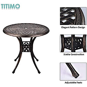 TITIMO 31 inch Diameter Outdoor Round Patio Bistro Dining Table Cast Aluminum with Umbrella Hole Conversation Table