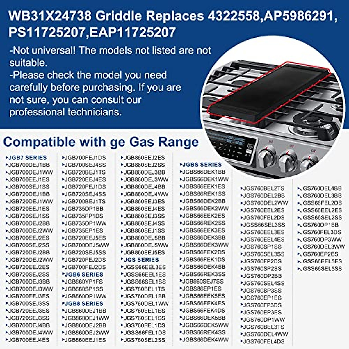 UPGRADED WB31X24738 Griddle Replacement for ge Appliance Gas Range Part,WB31X24998 Gas Stove Top Griddle Compatible With ge Gas Stove Top Parts, Free Standing Range Center Griddle Flat Top Pan