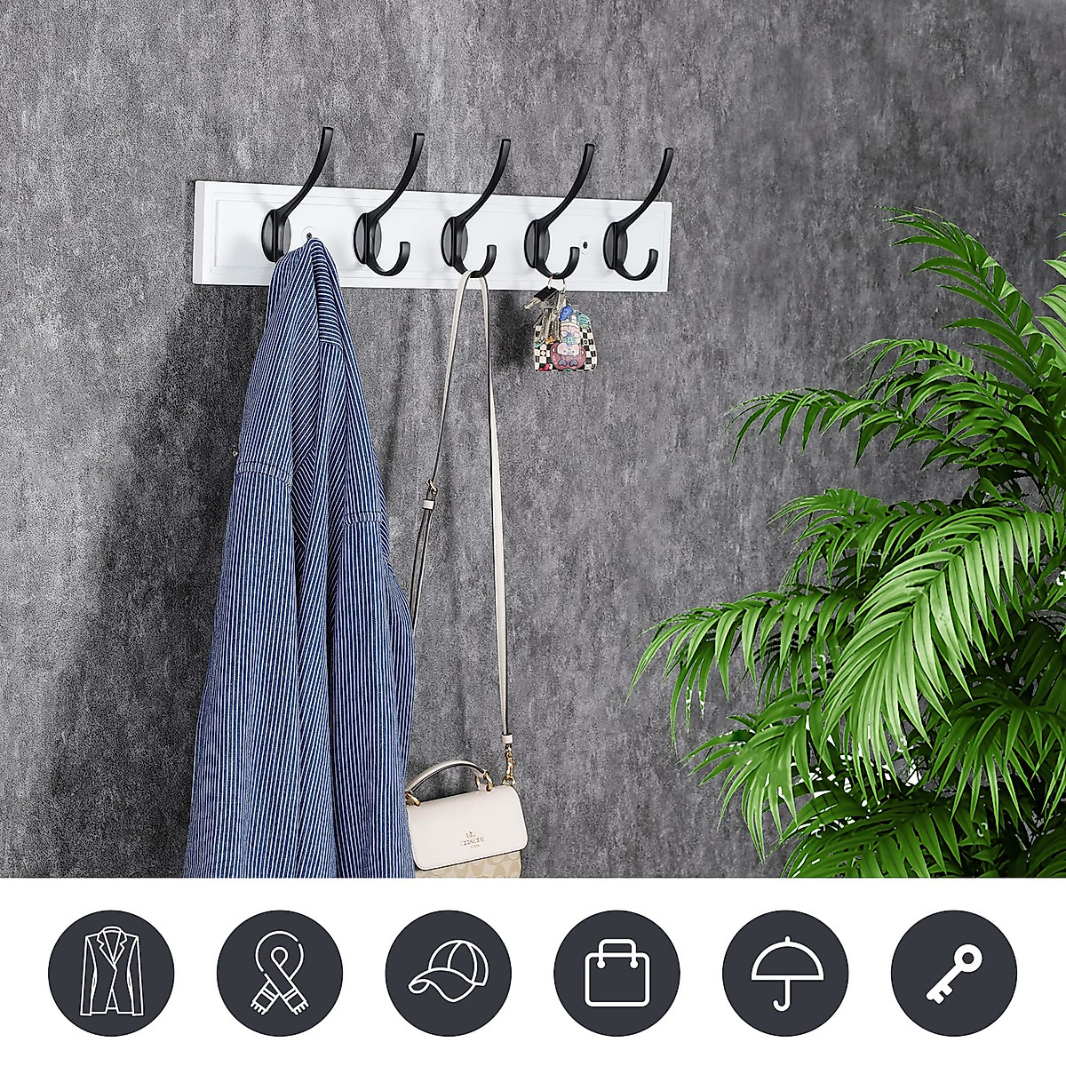 HOME MASTER HARDWARE Coat Rack Wall Mount White, Wood Wall Mounted Coat Hooks for Hanging Coats, 27" Hat Rack for Wall with 5 Hooks