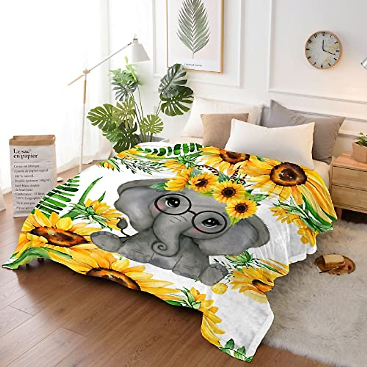 Super Soft Blanket Glasses Elephant and Sunflower Light Weight Throw Quilt Comfy Fluffy for Bed Sofa Suitable All Seasons 80"X60" for Adult Large