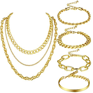 Glenmal 7 Pcs Halloween 90S Jewelry Set for Women Gold Necklace Bracelet Sets 80s Hip Hop Jewelry Gold Party Accessories (Classic)