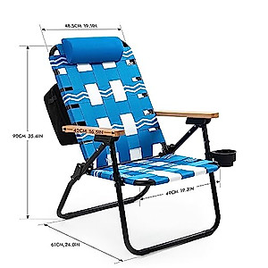Dowinx Beach Chair with Cooler Bag, Folding Caming Chair with Backpack Straps, High Back 3 Position-Reclining Outdoor Chair Aluminum Frame(Blue)