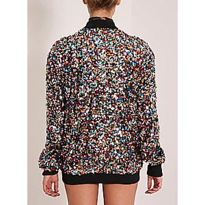 Cresay Women's Sequin Fitted Long Sleeve Zipper Blazer Bomber Jacket-Rainbow S
