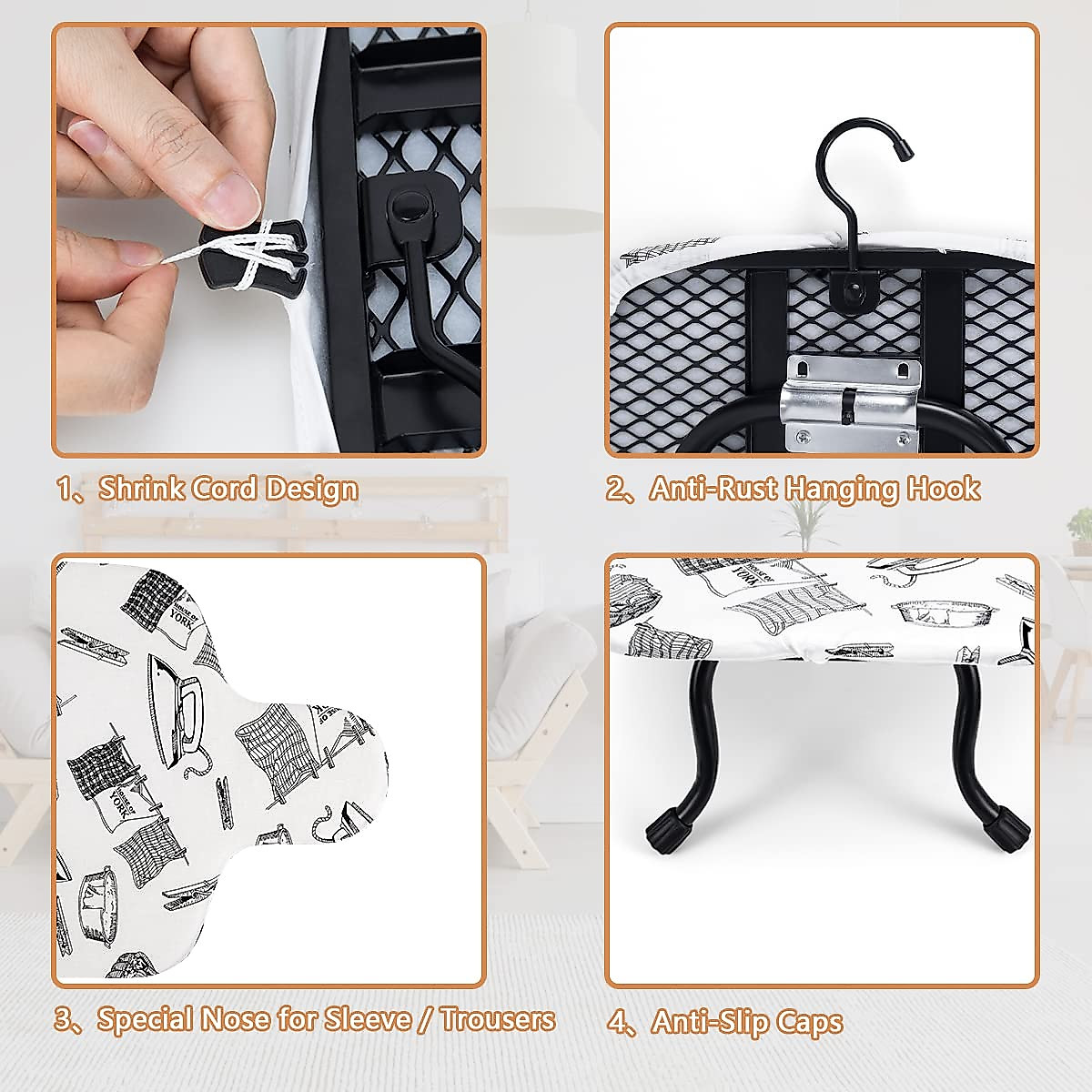 Duwee 15"x30" Table Top Ironing Board Extra Wide with Anti-Rust Hanging Hook and Removable Washable Cotton Cover, Steel Mesh Top Ironing Boards with 10mm Thicken Double Layers Feltpad and Foam,White